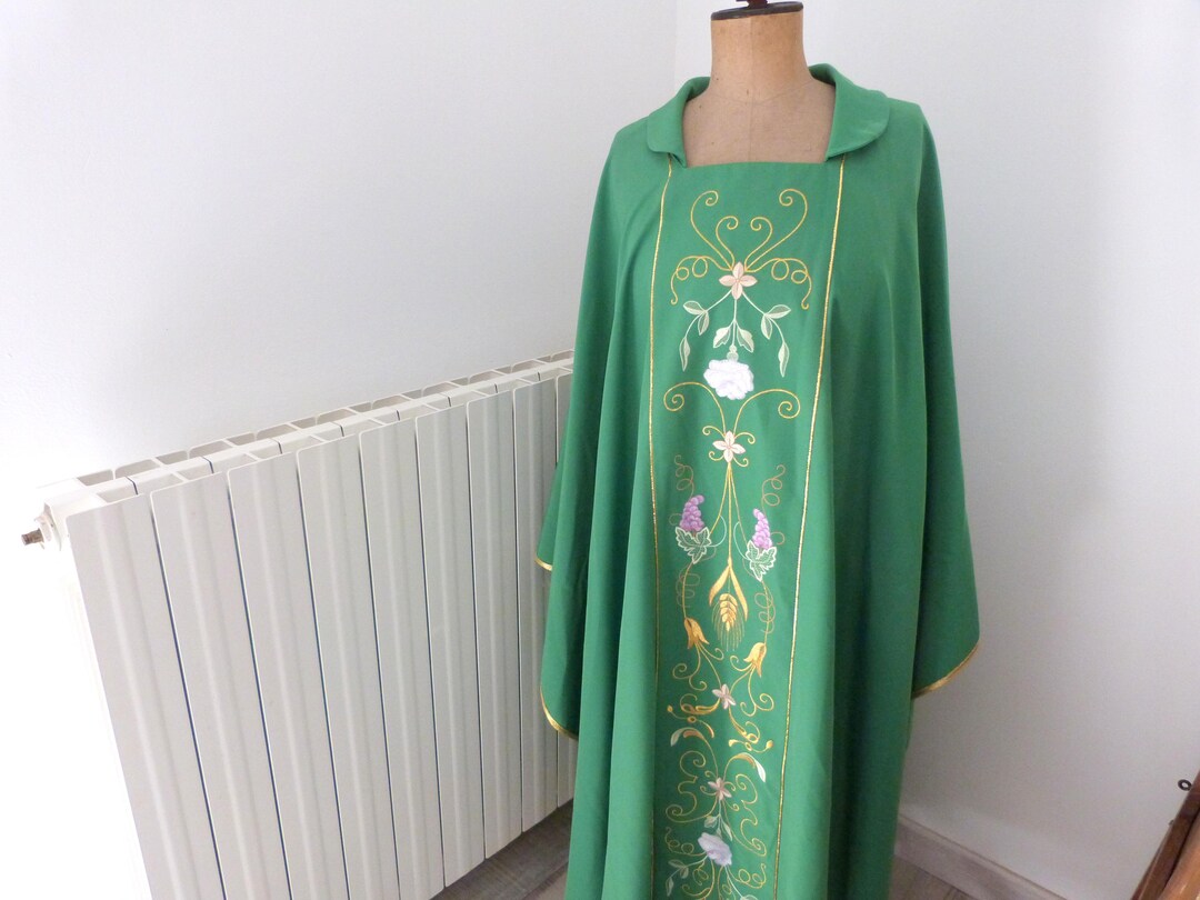 Vintage Green Clergy Vestment Dress W Stole Priest Cope Robe Chasuble ...