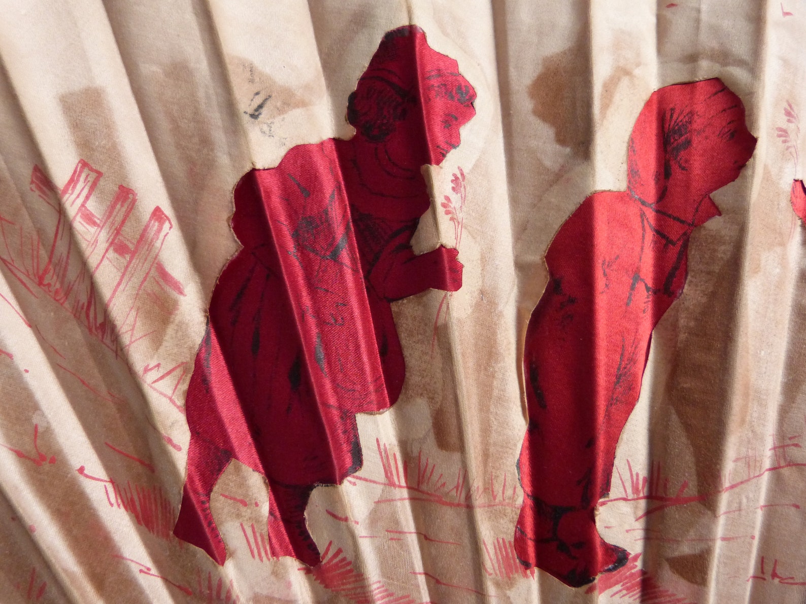 Antique Hand Fan 1900s Folding Fan W Red Silk Silhouettes of Children W ...