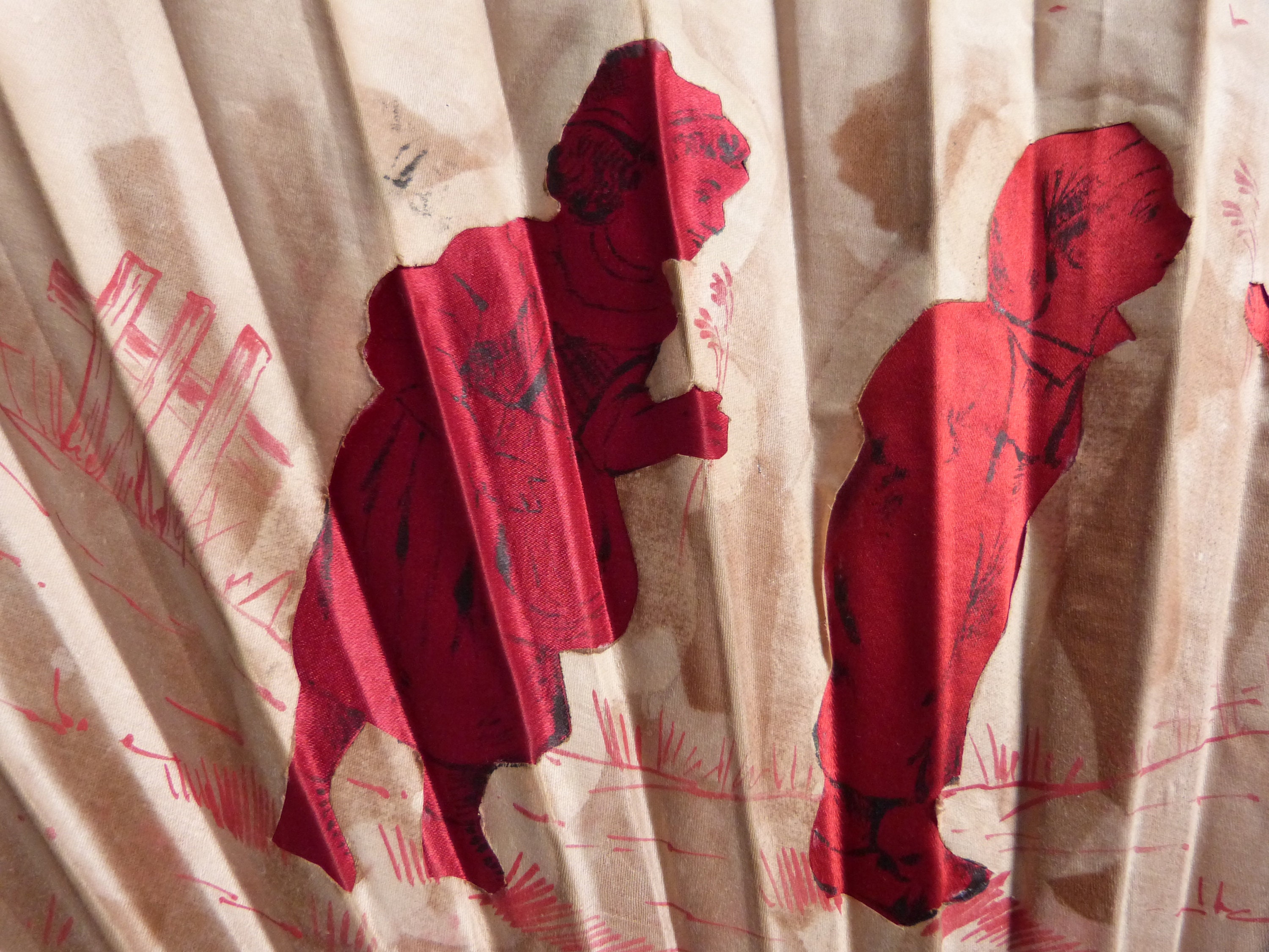 Antique Hand Fan 1900s Folding Fan W Red Silk Silhouettes of Children W ...