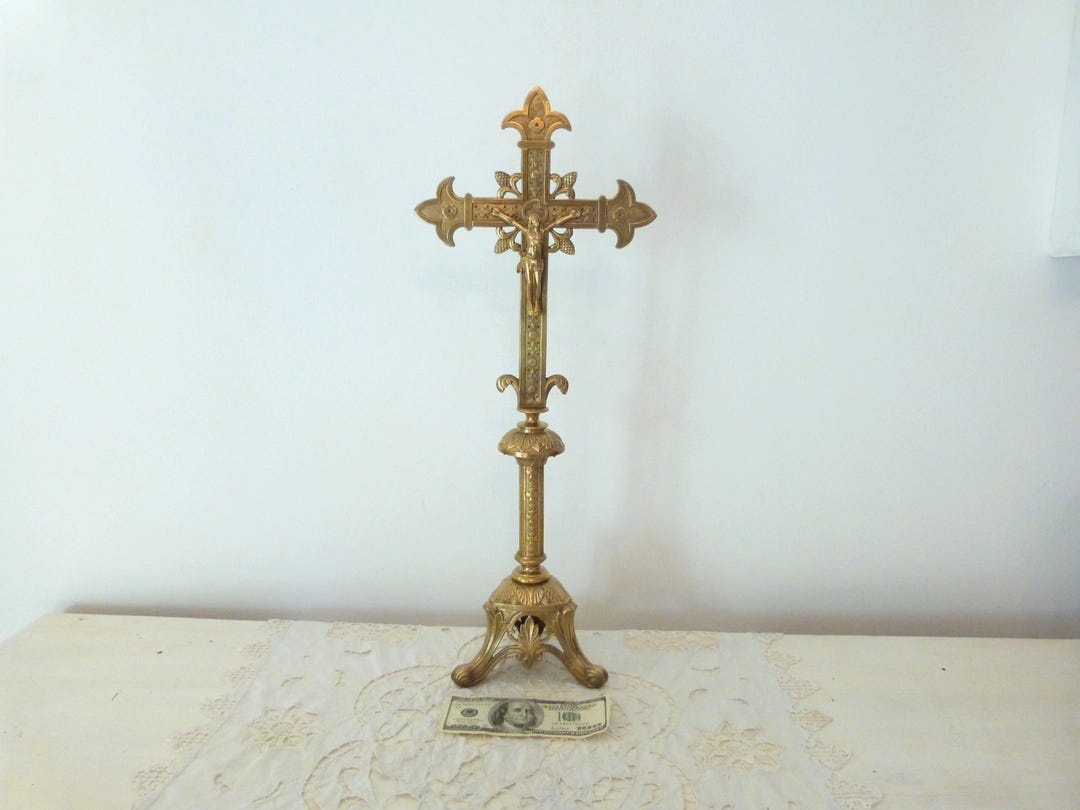 TALL Antique French Religious Standing Bronze Altar Crucifix Cross ...