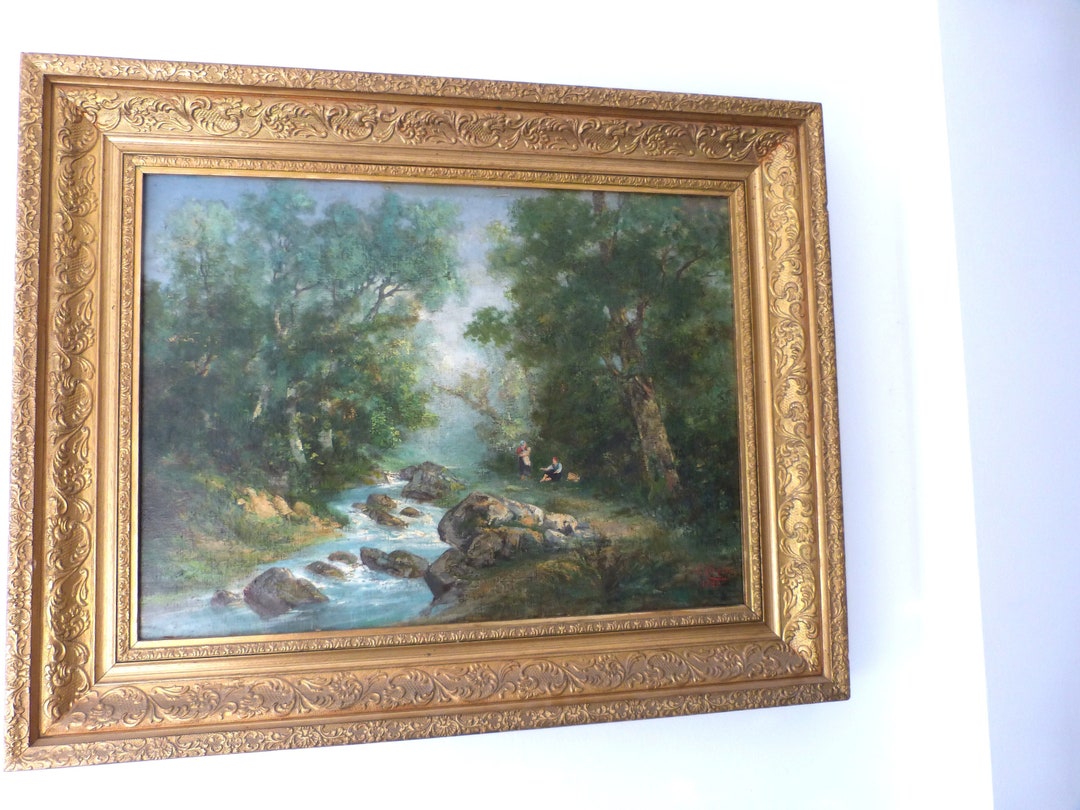 Large Antique Framed Oil Painting Landscape on Canvas, Signed Cayla ...