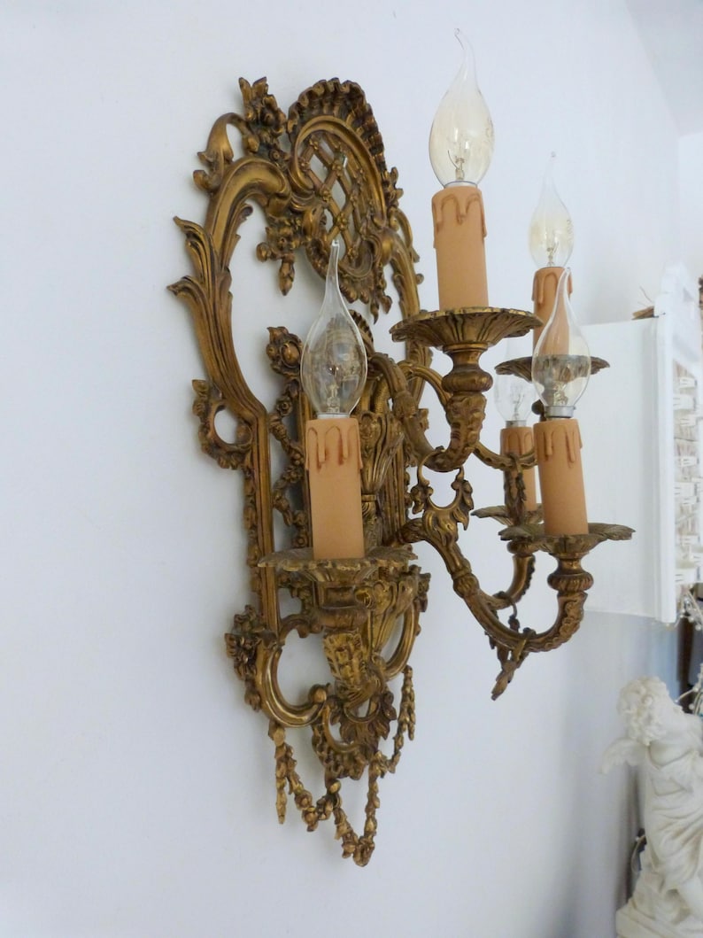 LARGE Antique French Bronze Wall Sconce With Roses, XL 1900s Chateau ...