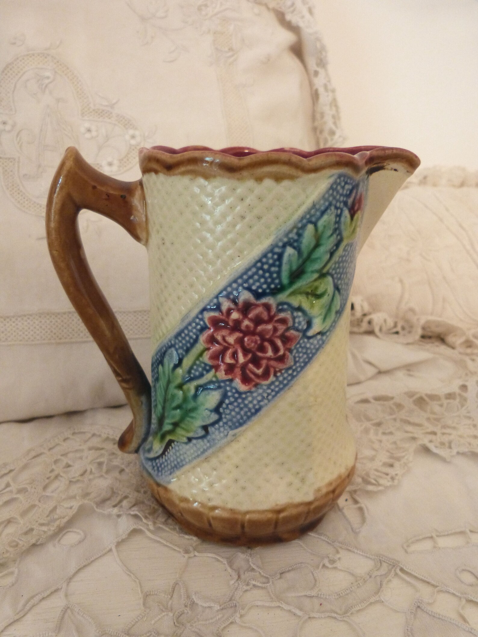 Antique French Majolica Barbotine Pitcher Milk Jug Creamer W Floral ...