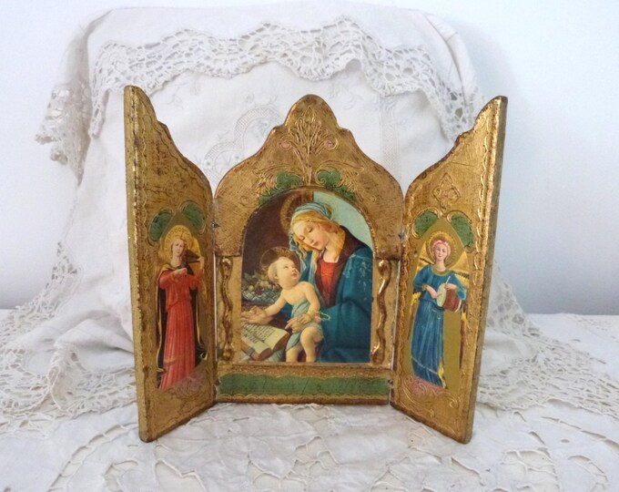 Antique Florentine Italian Triptych Madonna of the Book and Child Jesus Travel Icon Gilded ...