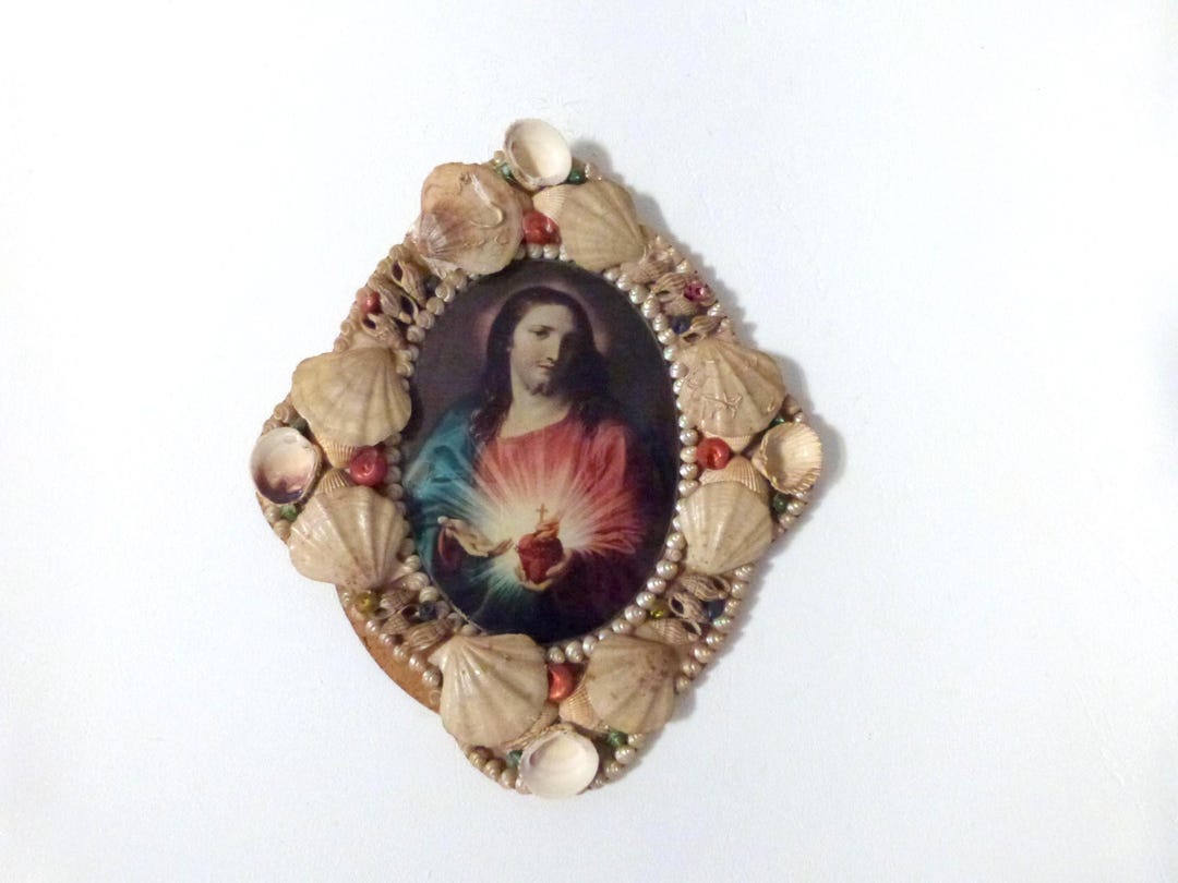 Vintage French Religious Shell Frame W Sacred Heart of Jesus Christ W ...