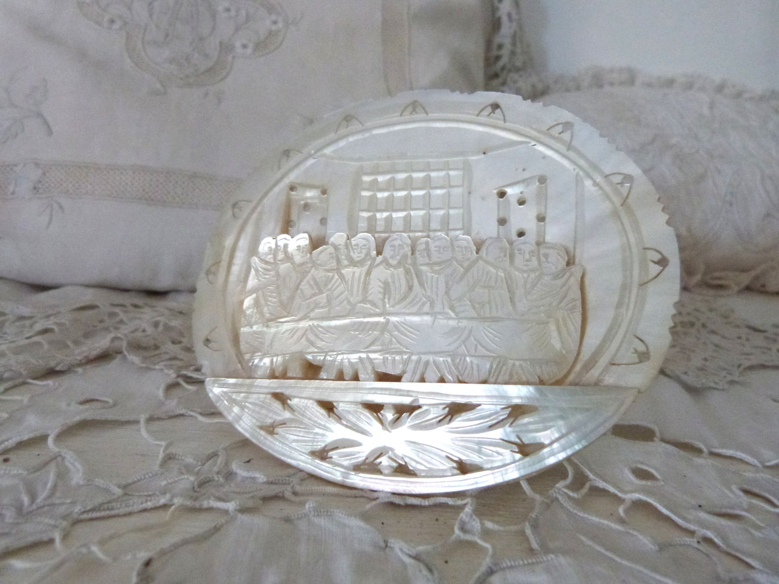 Last Supper Shell Art, Antique Religious Devotional Sculptured Mother ...