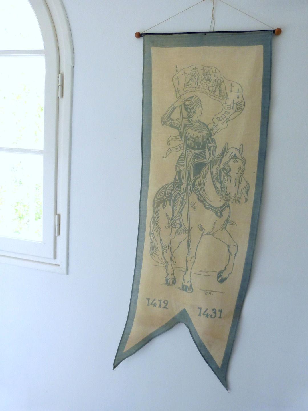 Antique French Jeanne D Arc Saint Joan of Arc Religious Banner, Signed Hand Printed Banner ...