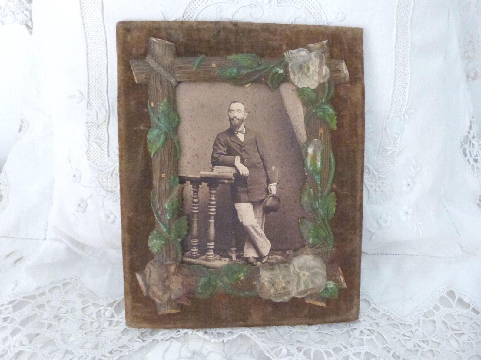 Antique French Velvet Floral Picture Frame W Celluloid Flowers, Sepia ...