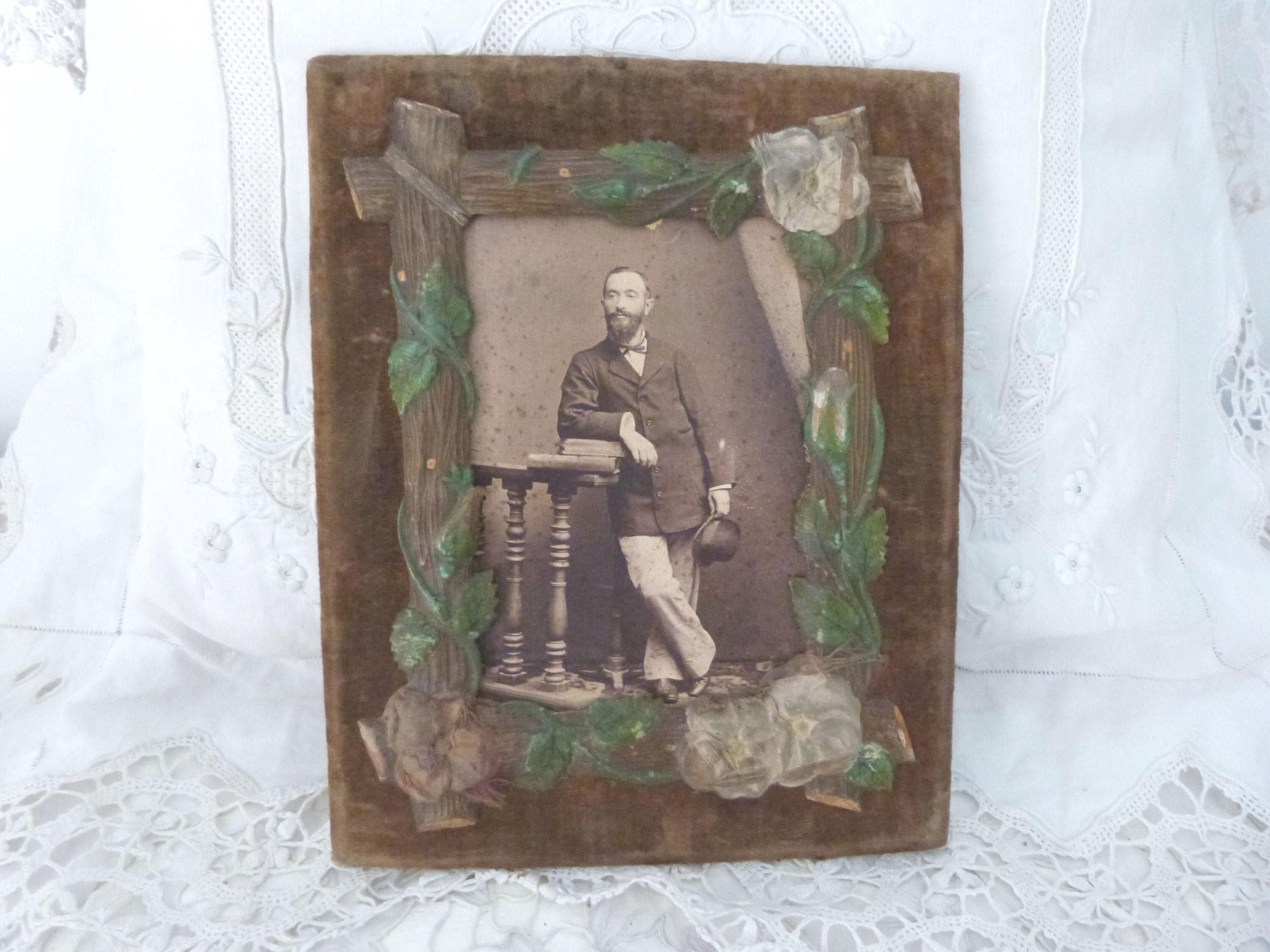 Antique French Velvet Floral Picture Frame W Celluloid Flowers, Sepia ...