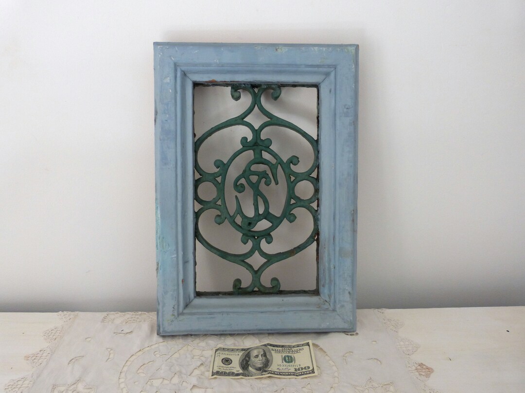 Big Antique French Wrought Iron W Wooden Frame Monogrammed Window Door Grille, Rustic Vintage ...