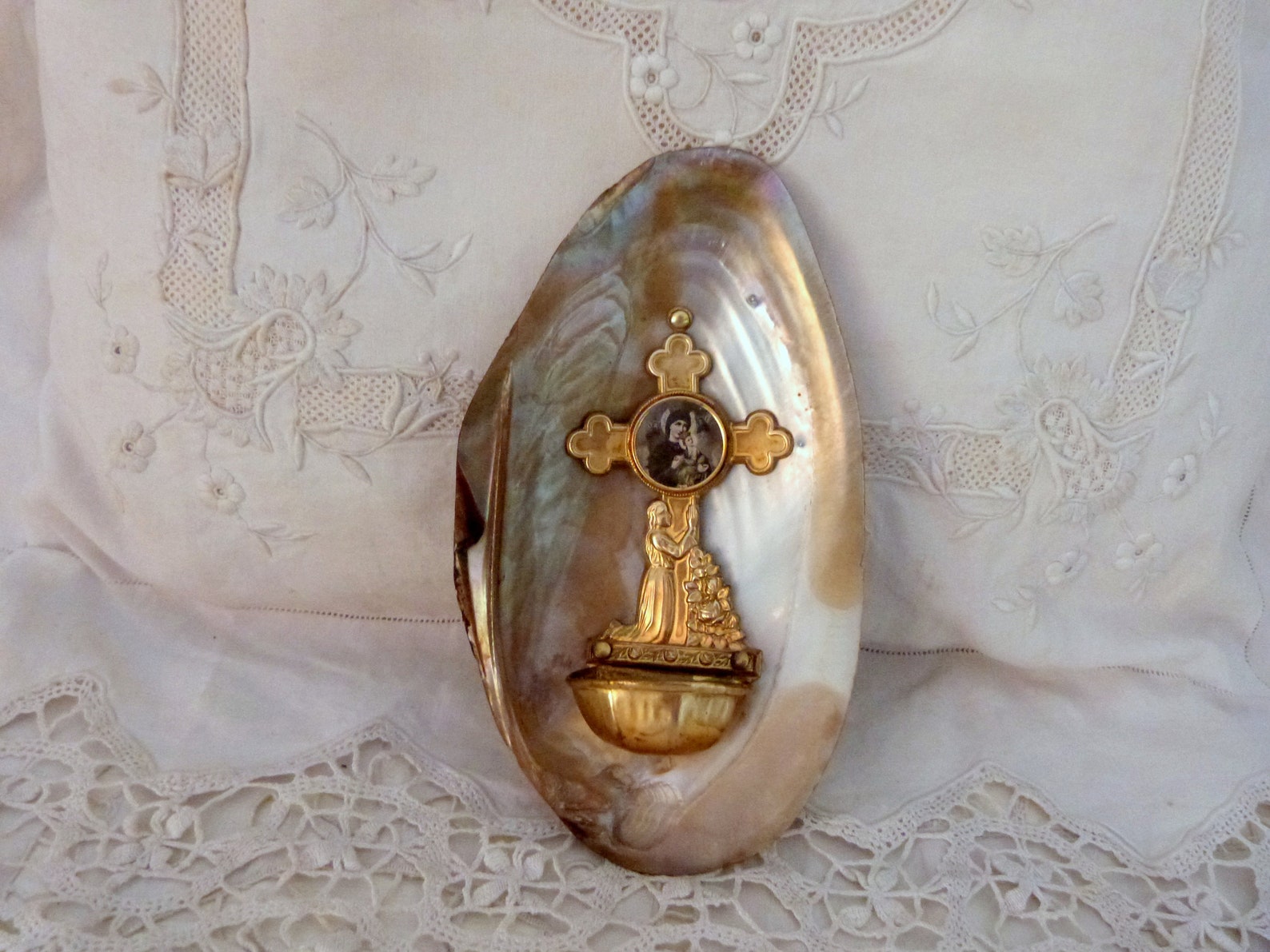 Holy Water Font Shell, Antique French Religious Ormolu Sculpture W ...