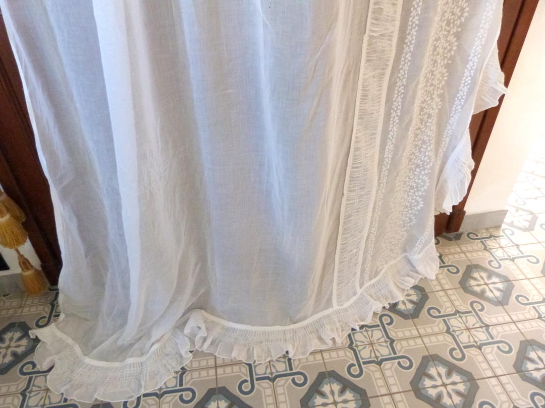Large Vintage French White Sheer Lace Curtain Drape, Embroidered Window ...