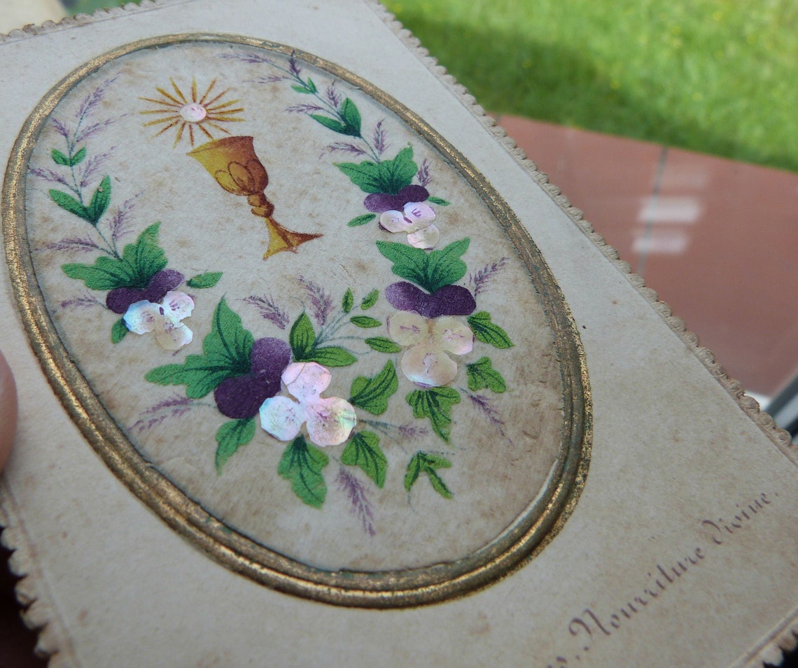 Antique Holy handmade prayer card w painted chalice w violet | Etsy