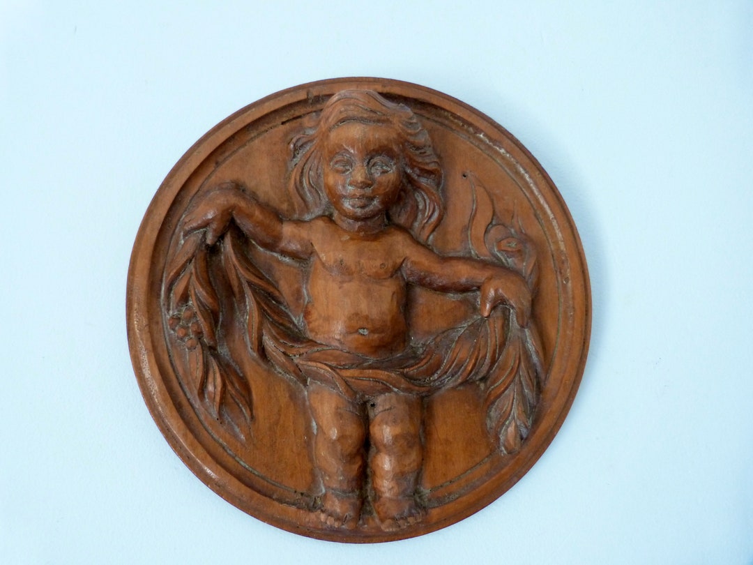 Antique Wooden Child or Cherub Putti Bas Relief Panel Medallion Wall ...