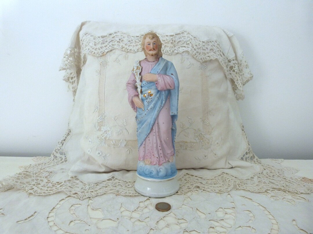 Antique French Religious Handpainted Bisque Statue of Saint Joseph W ...