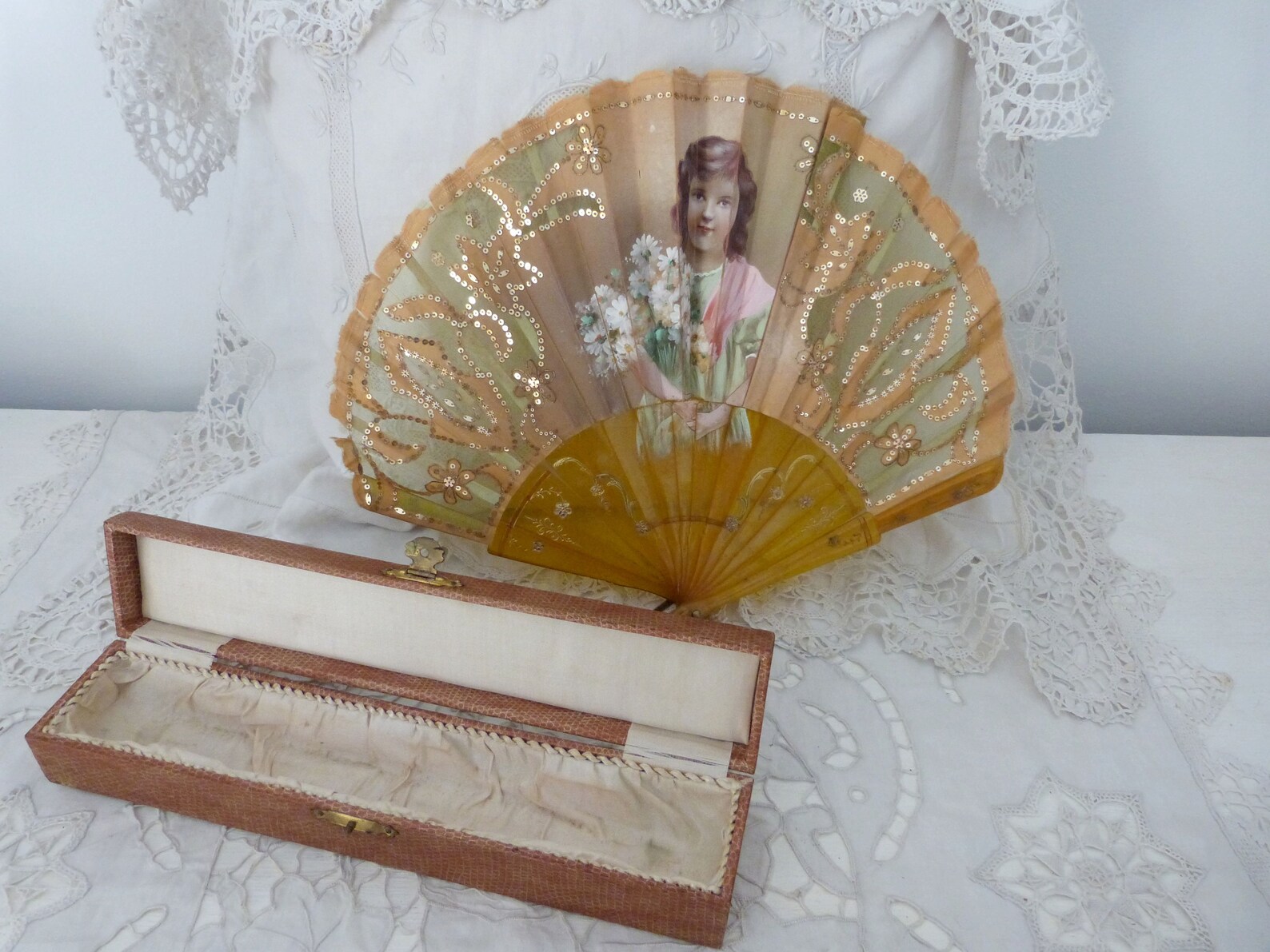 Antique Hand Painted Hand Fan in Box, 1900s Folding Fan W Gold Sequins ...