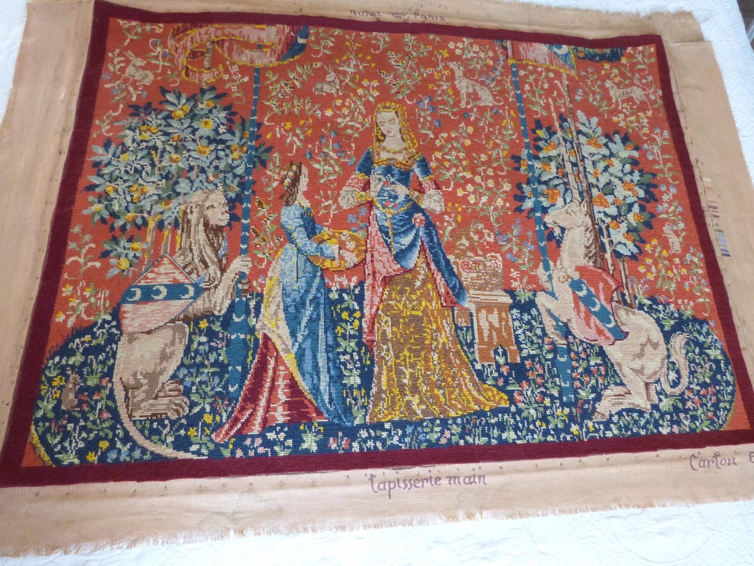 Antique French Needlepoint Wall Hanging Lady W Unicorn Taste Tapestry W ...