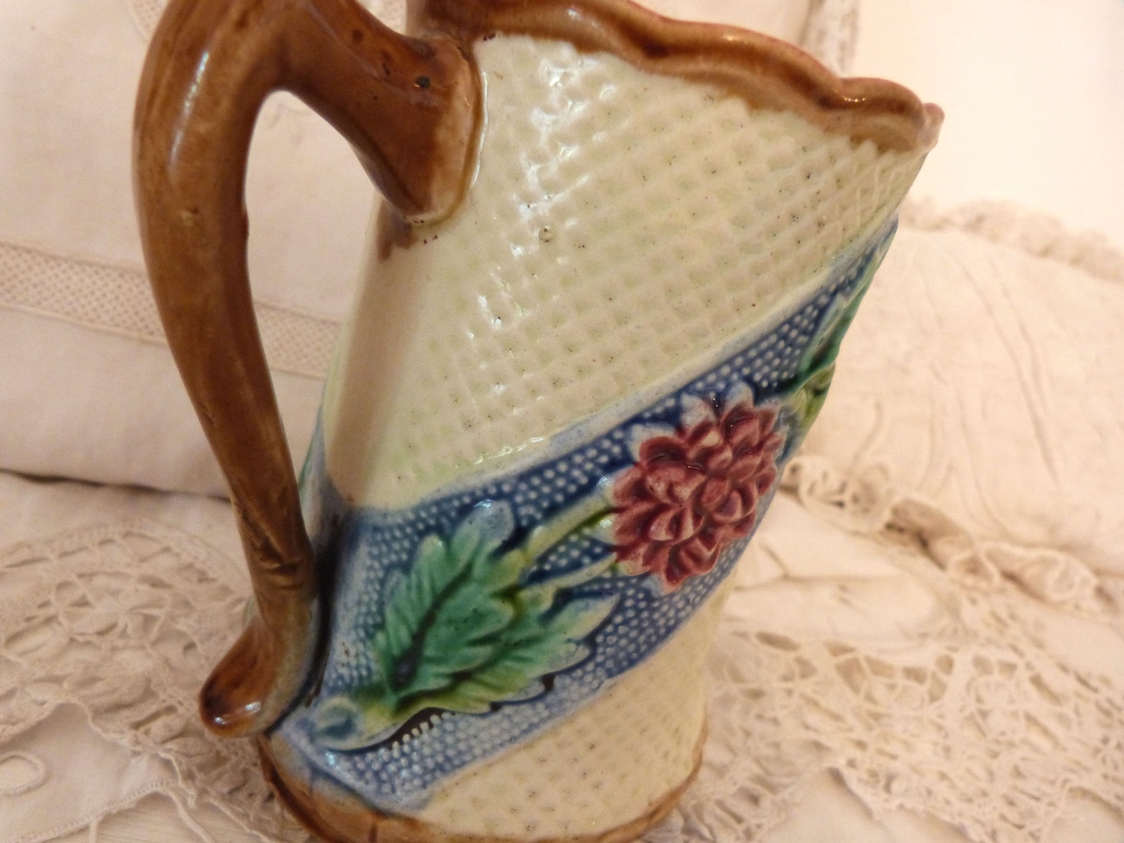 Antique French Majolica Barbotine Pitcher Milk Jug Creamer W Floral ...