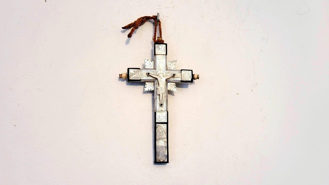 Antique French Mother of Pearl Cross Crucifix W Olive Wood, Religious ...