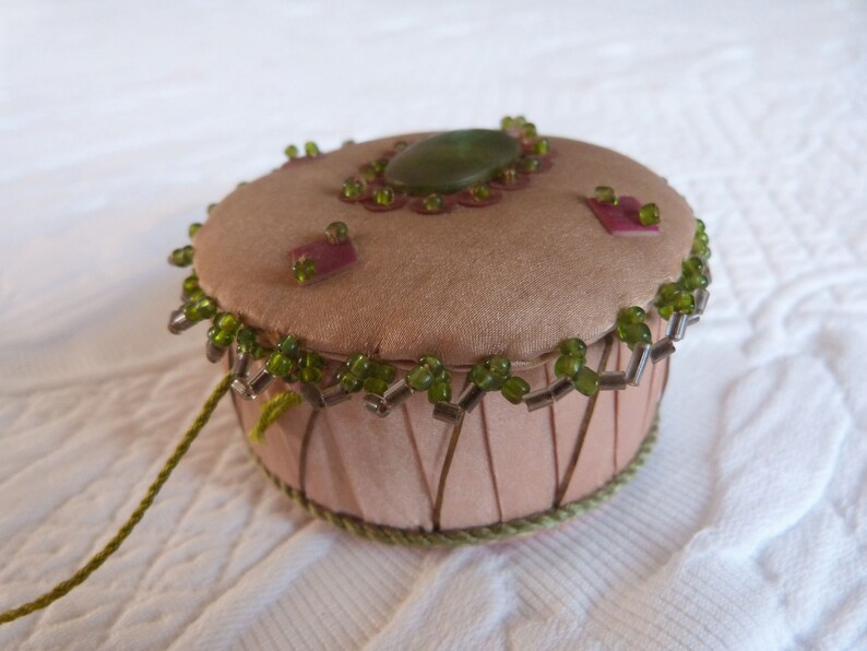 Vintage French Handmade Silk Round Box W Glass Beads, 1940s Sewing ...
