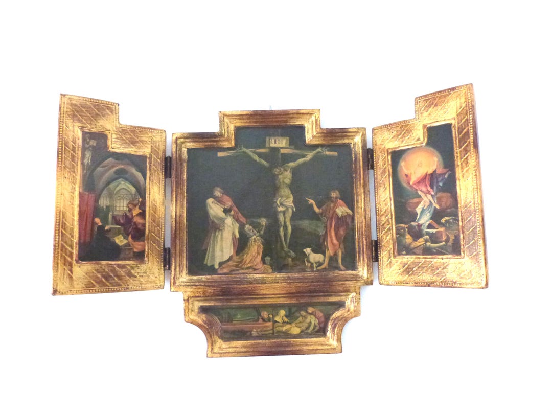 Big Antique Florentine Italian Triptych Isenheimer Altar Print of ...