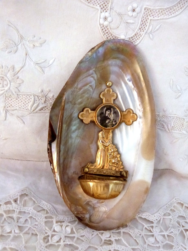 Holy Water Font Shell, Antique French Religious Ormolu Sculpture W ...