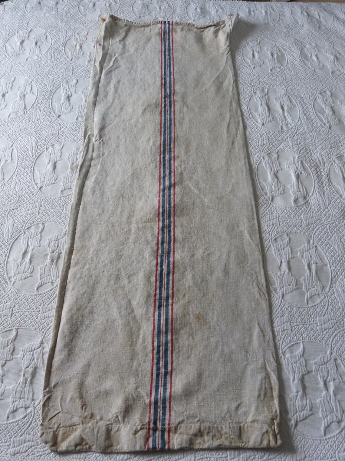 Antique French Striped Linen Grain Sack W Red Blue Stripes Hand ...
