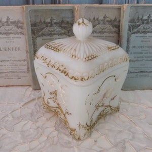 Antique French Milk Glass Candy Pot Box Jar Canister W Painted Floral ...