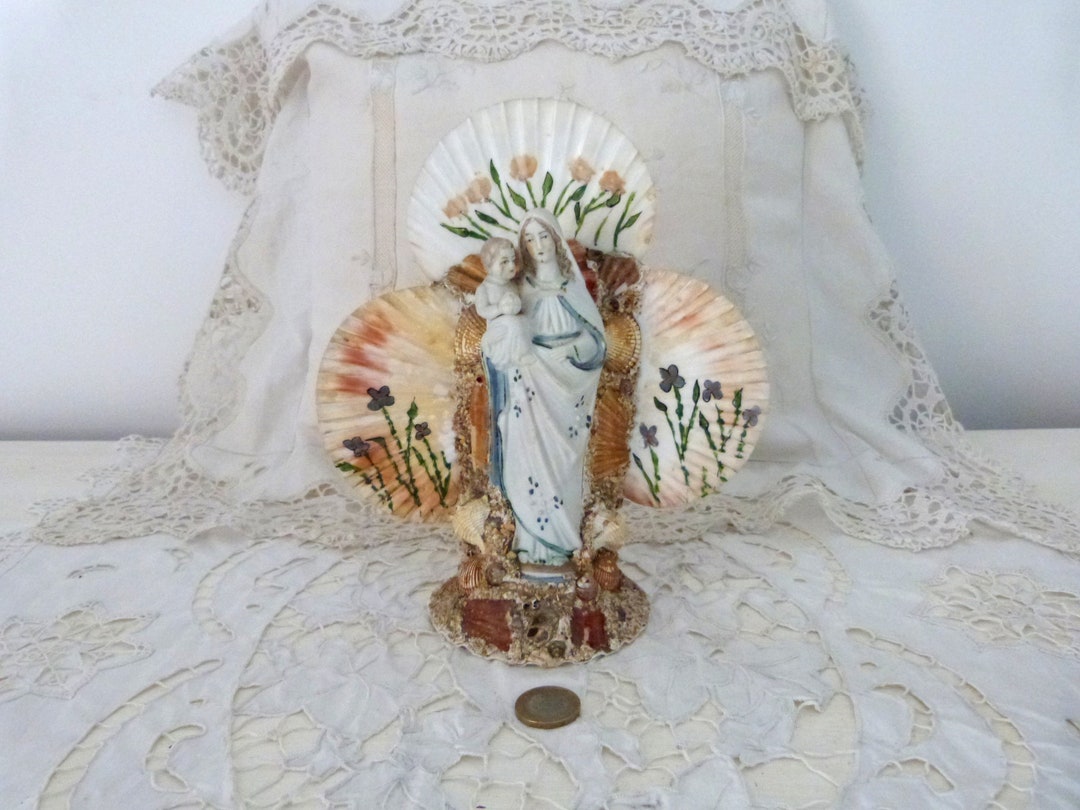 Antique Sailor Valentine Seashell Christian Art W Madonna Holy Virgin ...