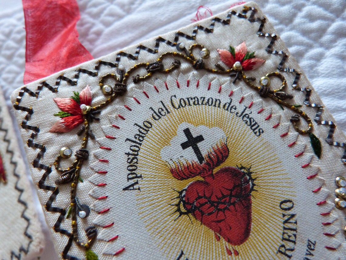 Antique Religious Handmade Reliquary Scapular Relic Sacred Heart W ...
