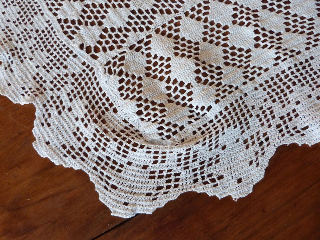 Antique French Hand Crocheted Tablecloth Handworked Crochet White Table ...