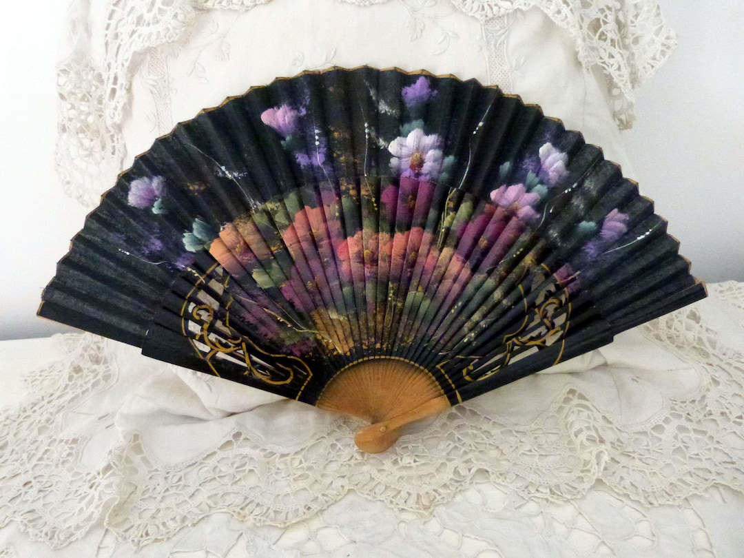 Antique Hand Fan 1900s Folding Fan Hand Painted Handfan W Filigree ...
