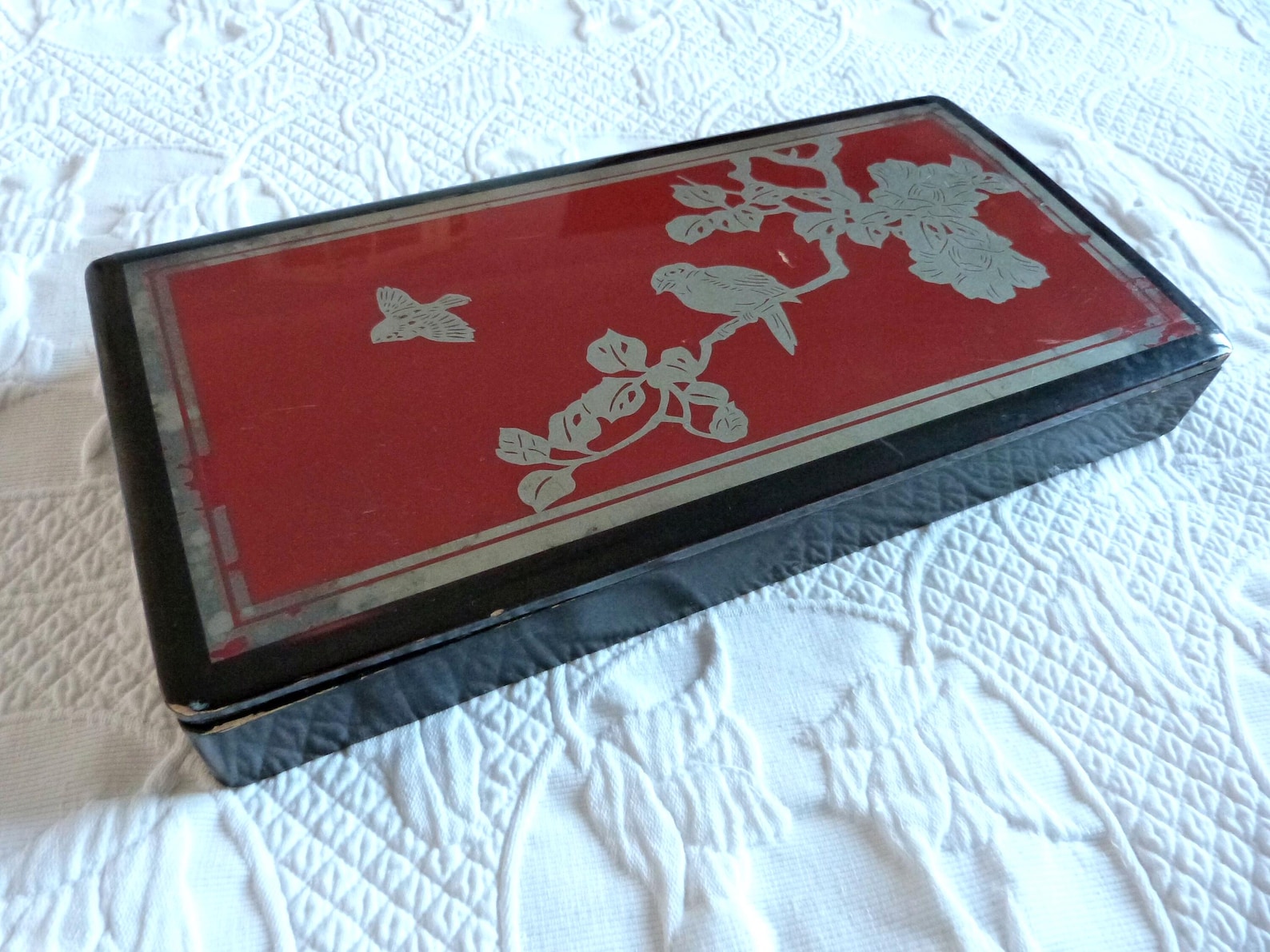 Antique Japanese Wooden Lacquered Glove Box W Handmade Marquetry Silver ...