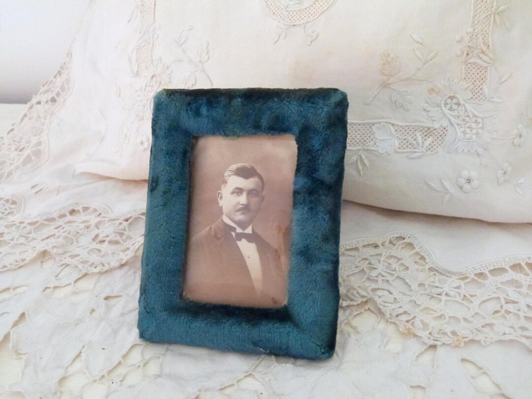 Antique French Blue Silk Velvet Picture Frames W Sepia Picture of Man ...