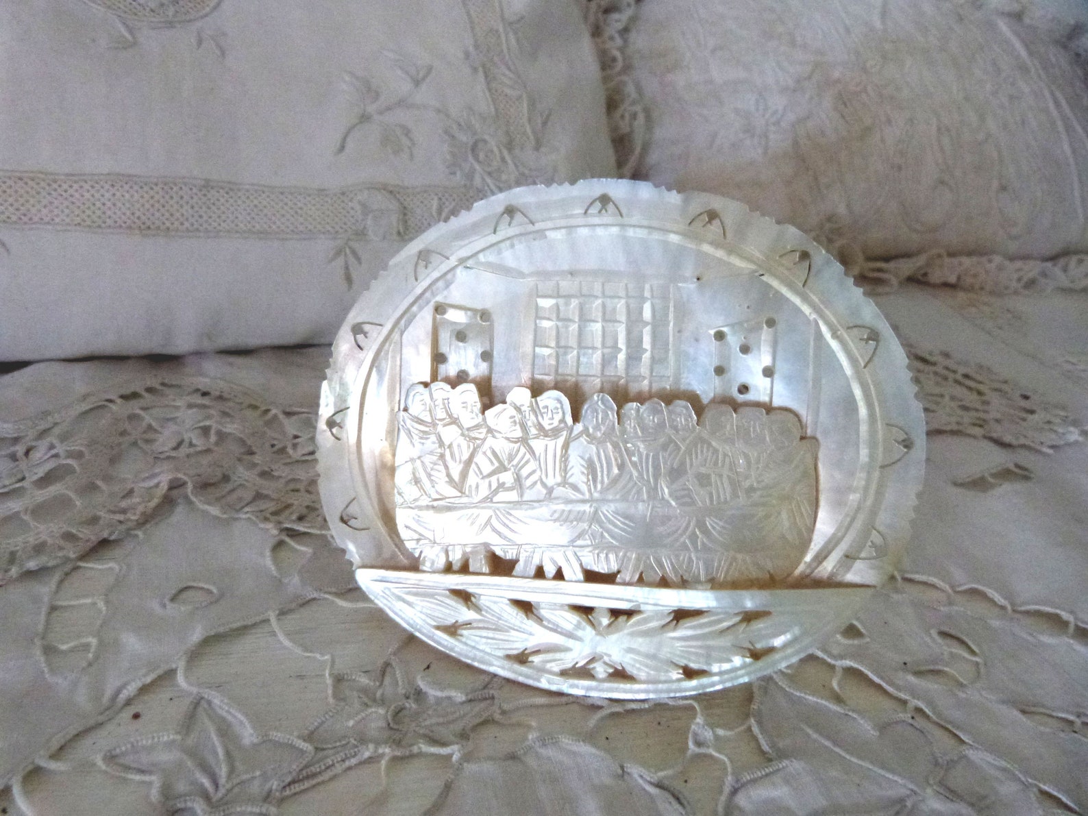 Last Supper Shell Art, Antique Religious Devotional Sculptured Mother ...