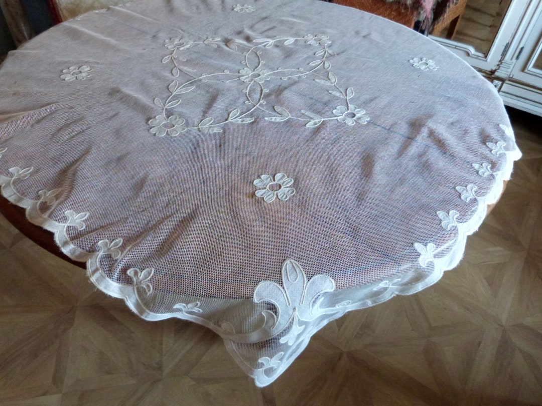 Antique French Hand Made Tambour Lace Tablecloth Handworked Offwhite ...