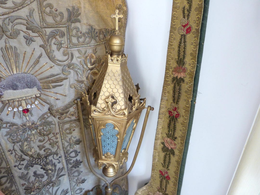 Antique French Processional Lantern Lamp Candle Light W Cross, Glass ...