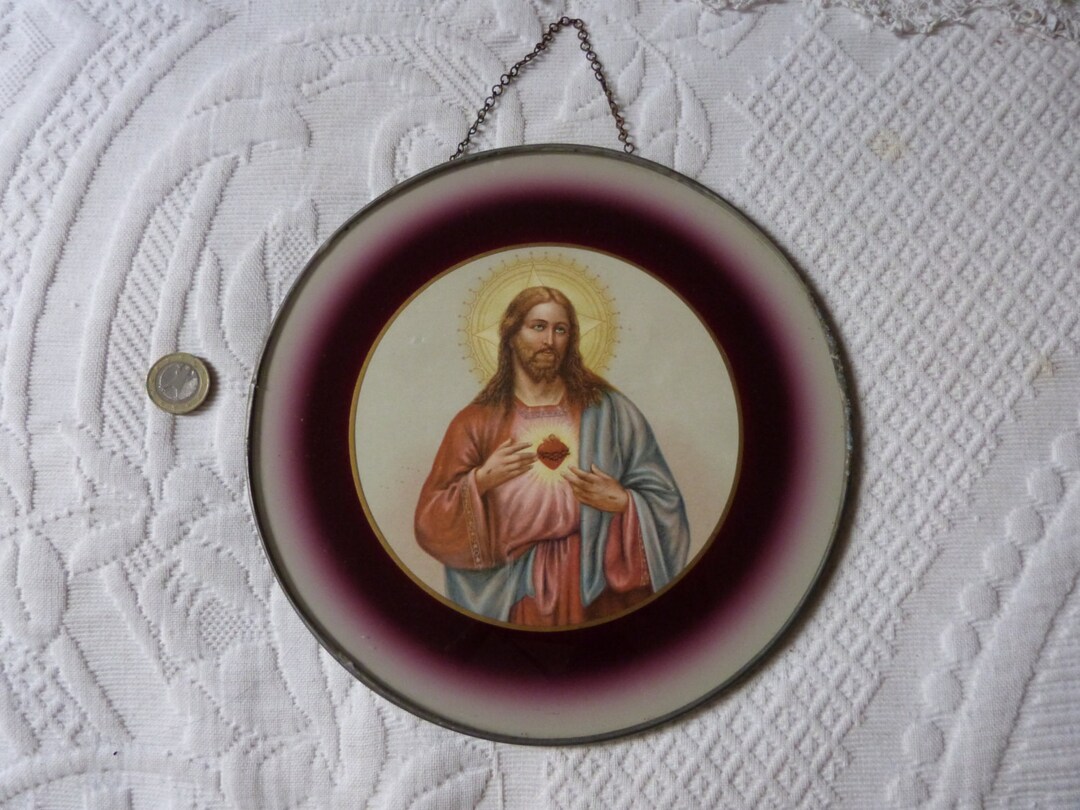 LARGE Antique French Religious Frame W Devotional Print Icon Sacred ...