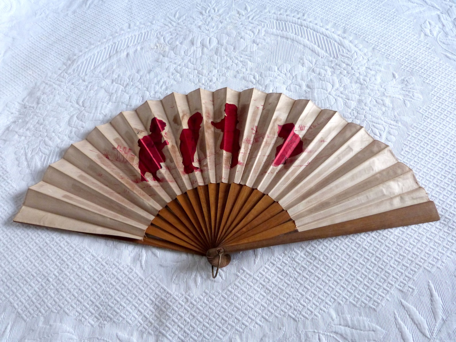 Antique Hand Fan 1900s Folding Fan W Red Silk Silhouettes of Children W ...