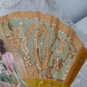 Antique Hand Painted Hand Fan in Box, 1900s Folding Fan W Gold Sequins ...
