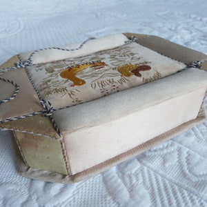 Antique French Hand Embroidered Silk Box W Ducks, Beads, Sewing ...