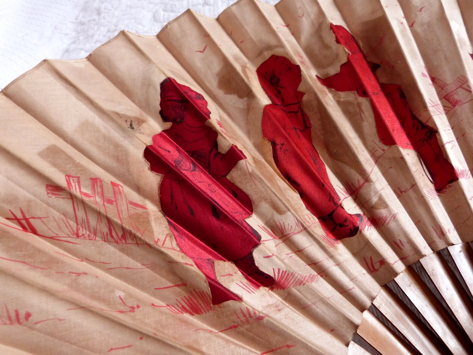 Antique Hand Fan 1900s Folding Fan W Red Silk Silhouettes of Children W ...