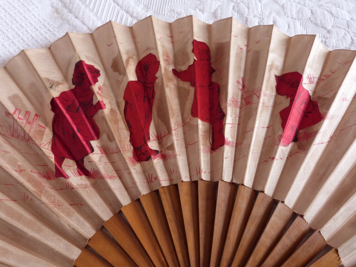 Antique Hand Fan 1900s Folding Fan W Red Silk Silhouettes of Children W ...