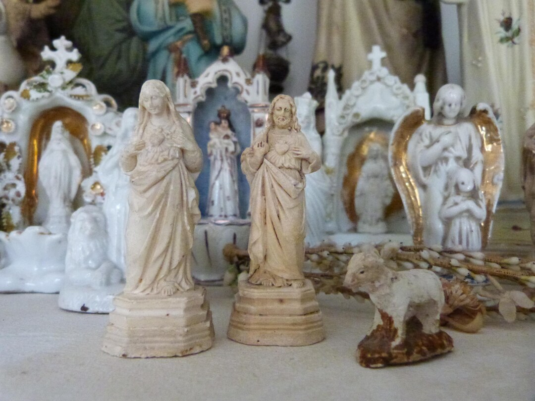 Small Antique French Limestone Figurines Statues Sacred Heart of Mary ...