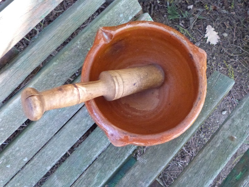 Antique Glazed Terracotta Mortar W Wooden Pestle French 1800s - Etsy