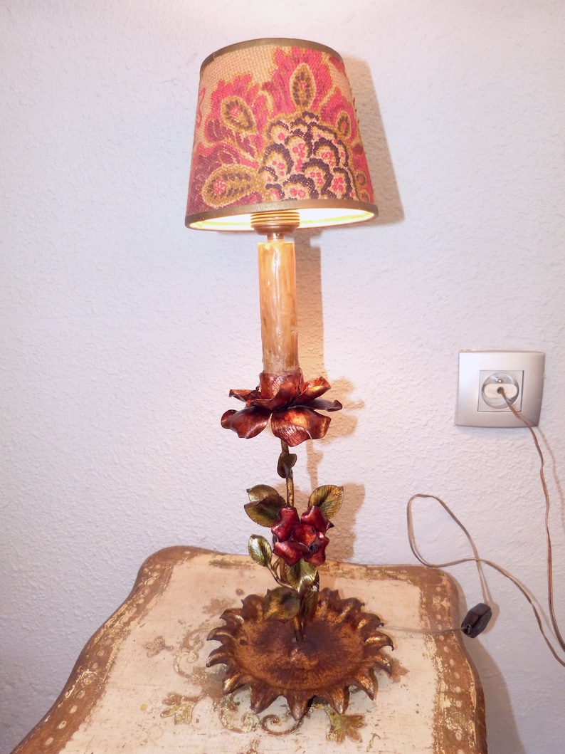 Antique French Floral Toleware Table Desk Lamp Lighting W Roses on ...