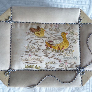 Antique French Hand Embroidered Silk Box W Ducks, Beads, Sewing ...