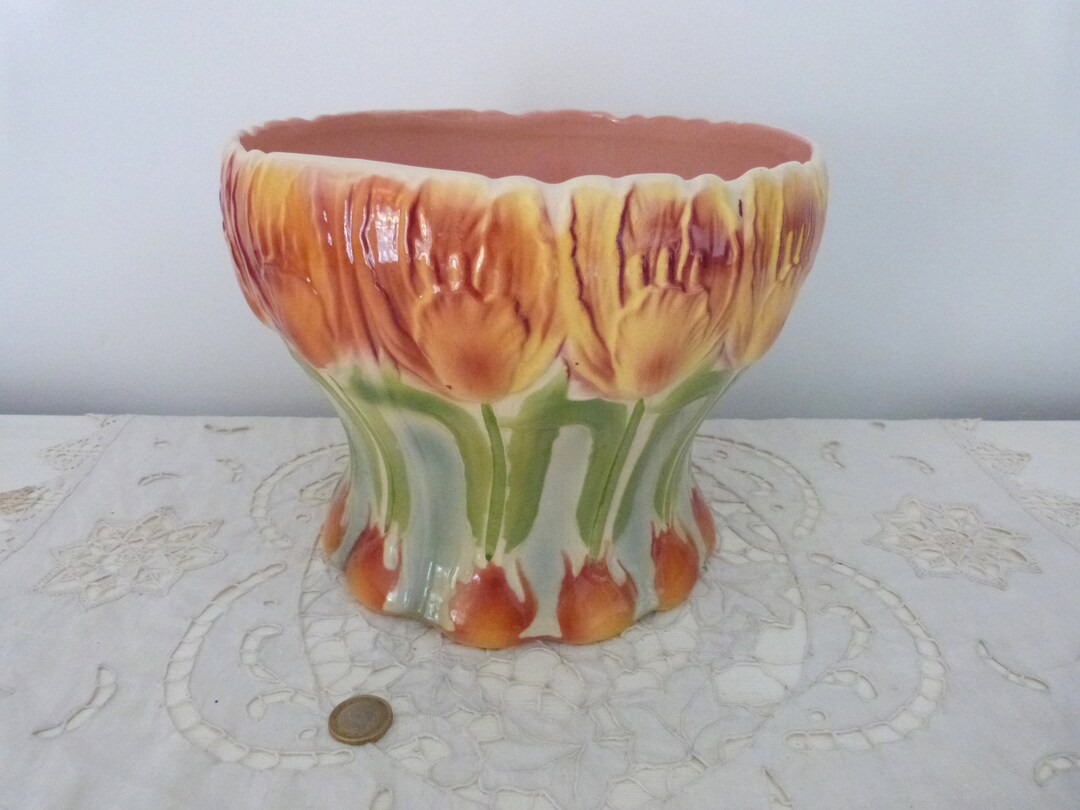 LARGE Antique French Ceramic Majolica Planter Pot Jardiniere St Clement ...