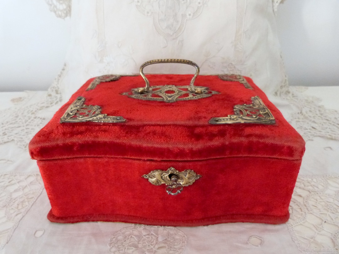 Antique Red Velvet Wooden Jewelry or Sewing Box Rare 1800s French ...