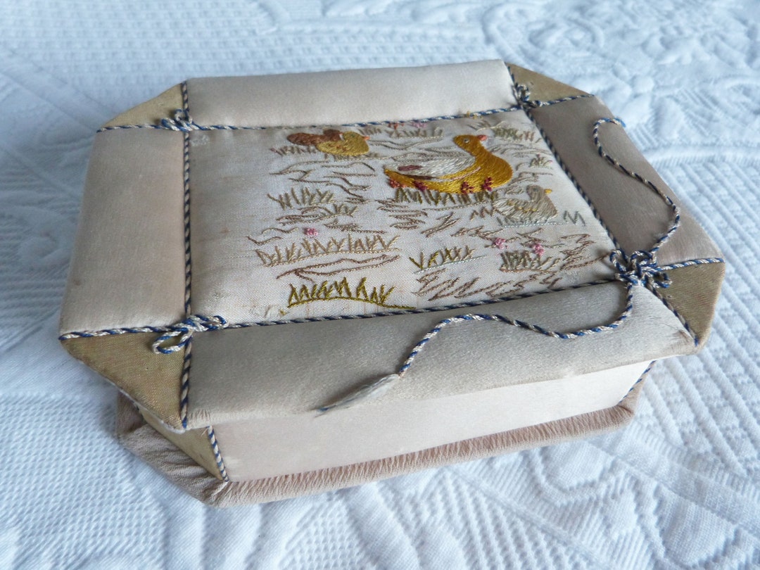 Antique French Hand Embroidered Silk Box W Ducks, Beads, Sewing ...